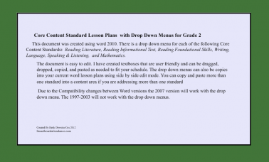 Lesson Plan with Core Content Standards with Drop Down Menus for Grade ...